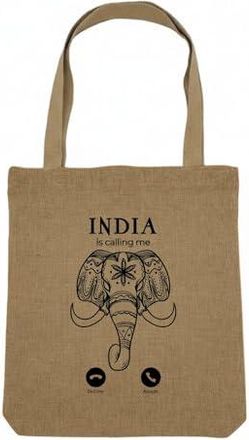 Fabulous Sac Shopping Tote Bag Aspect Lin - India Is Calling Me Elephant Animal - Sac de Courses Toile Epaisse 360g Beige Naturel Cabas Port&eacute; Epaule Solide Imp