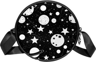 Generic Sac &agrave; bandouli&egrave;re rond pour femme, motif &eacute;toiles et plan&egrave;tes, sac &agrave; dos avec fermeture &eacute;clair, bretelles r&eacute;glables, sac &agrave; main rond d&eacute;contract&eacute; pour f