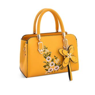 Nicole & Doris Elegante Handtasche Schultertasche Damen Klein Henkeltasche mit Stickerei Blume Frauen Umhängetasche PU Leder Crossbody Bag Gelb