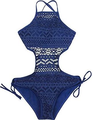 Generic Maillot De Bain 1 Pieces Femme Gainant Et Amincissant Bikini Maillots de Bain Taille Haute tricoté Creux Dos Sexy Camisole (Blue, M)