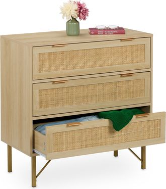 Relaxdays Kommode, 3 Schubladen, Rattan- & Holzoptik, HBT 80 x 80 x 42 cm, Wohnzimmer, Flur, Kommodenschrank, natur/gold