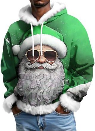 Generic Sweat à capuche de Noël pour homme - Avec imprimé Père Noël - Avec cordon de serrage et bordure en fourrure synthétique - Sweat à manches longues pour