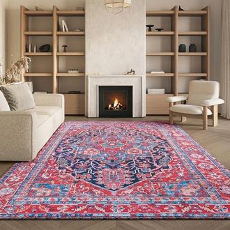 Safavieh Traditionell Teppich f&uuml;r Rug Ideal f&uuml;r stark frequentierte Bereiche - Maschinenwaschbar und rutschfest - Tucson Collection, Kurzer Flor, in Marineblau