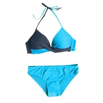 Generic Ensemble de bikini pour femme - Maillot de bain triangle push-up rembourr&eacute; taille haute avec col en V - Maillot de bain dos nu pour la plage, bleu cie