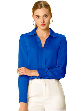Allegra K Damen Satin Bluse Langarm Hemdkragen V-Ausschnitt Elegant Business Shirt K&ouml;nigsblau XXL