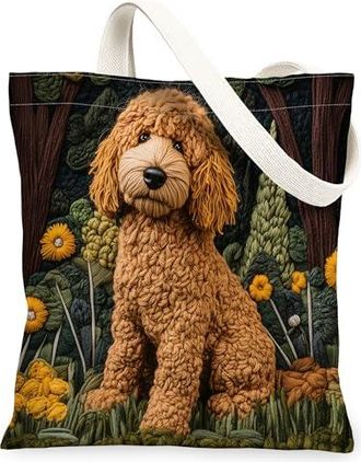 Generic Sac fourre-tout en toile motif chien griffonn&eacute; dor&eacute; printemps 33 x 38 cm, style tricot&eacute;, sac d&eacute;picerie r&eacute;utilisable pour femme, peinture esth&eacute;tique am