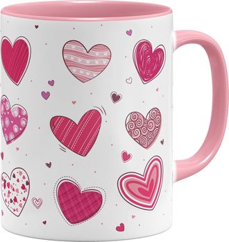 OM3 Herz Muster Love Liebe Herzchen Tasse f&uuml;r Partner - Keramik Becher - 11oz 325ml - Beidseitig Bedruckt - Rosa