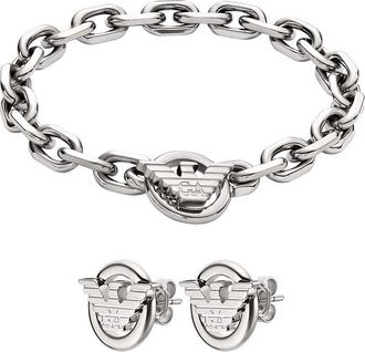 Emporio Armani Herren Silberfarbener Edelstahl Armband und Ohrringe, Set