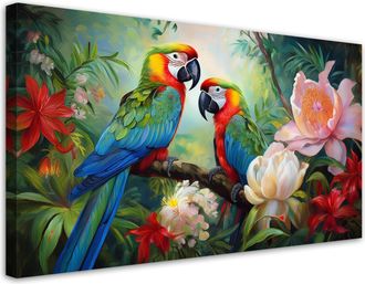 Feeby Leinwand Bilder - Bild Wohnzimmer - Bunte tropische Dschungelpapageien - 120x60 1tlg - Deko Schlafzimmer Groß - Dekoration Canvas - Gemälde - Modern W