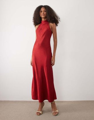 Mango Maxikleid aus Satin in Rot mit Neckholder-Tr&auml;ger und gebundener R&uuml;ckseite