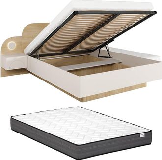 Vente-Unique Bettkasten 160 x 200 cm - Mit Nachttischen und LEDs - Beige und Naturholz + Matratze - DARTAGNO