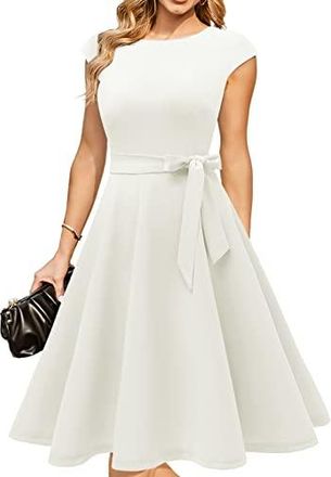 Dresstells Robe Cocktail Mariage Vintage Robe Casual Femme Robe de Soiree Femme Robe baptême col Rond Manches Courtes Robe Blanche M