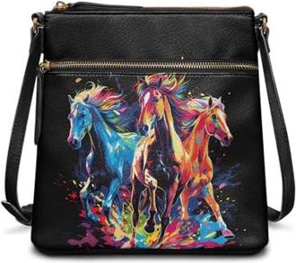 Coloranimal Sac &agrave; bandouli&egrave;re pour femme - Sac &agrave; bandouli&egrave;re &agrave; fermeture &eacute;clair - Sac &agrave; bandouli&egrave;re l&eacute;ger en cuir synth&eacute;tique, Cheval peint en couleur