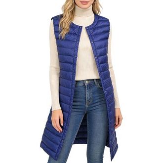 Generic Gilet matelass&eacute; long et l&eacute;ger sans manches &agrave; col rond boutonn&eacute; pour femme, bleu marine, 4XL