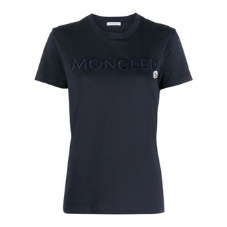 Moncler Femme, Tops, Bleu, Taille: 36 FR T-shirt Bleu avec Logo Brodé