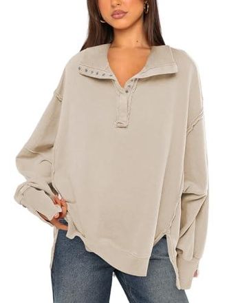 Generic Sweat-shirt surdimensionn&eacute; &agrave; manches longues pour femme, coupe d&eacute;contract&eacute;e, col en V, patchwork gris, taille L pour un usage quotidien, le travail et