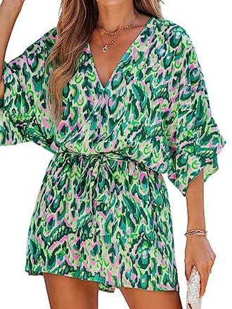 Cupshe Barboteuse dété à lacets pour femme - Manches mi-longues - Décontractée - Jambe large - Tenue de vacances - Mini combinaison une pièce, vert, Large