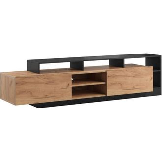 Vente-Unique Vente-Unique - Meuble TV 2 portes 6 niches avec LEDs - Naturel clair et anthracite - Panneau de particules m&eacute;lamin&eacute; - Charge max 30 kg