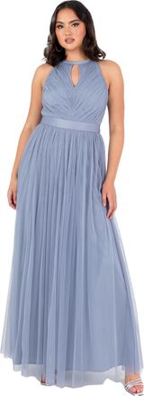 Anaya with Love Damen Womens Maxi Ladies Sleeveless Halterneck Keyhole Sash Tie Belt Tulle A-line Bridesmaid Wedding Guest Prom Evening Dress, Slate Blue, 50 EU