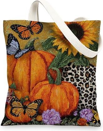 Generic Sacs à provisions en toile avec motif citrouille et papillon, sacs à provisions réutilisables avec imprimé floral vibrant, bandoulière légère et lavab