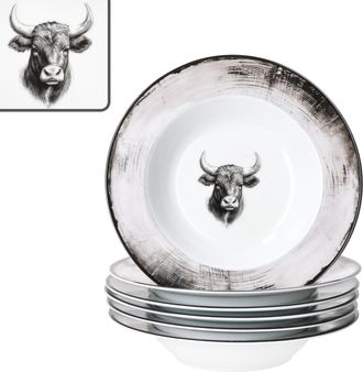 MamboCat 6er Set Toro Suppenteller I 200ml I wei&szlig;-rosa Porzellan-Teller mit Kuh Motiv f&uuml;r 6 Personen I tiefe Teller im Landhaus-Stil f&uuml;r Salat, Suppe, M&uuml;sli, P