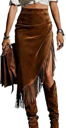 Generic Jupes asym&eacute;triques &agrave; franges en daim synth&eacute;tique taille haute enveloppante mi-longue pour femme, marron, XL