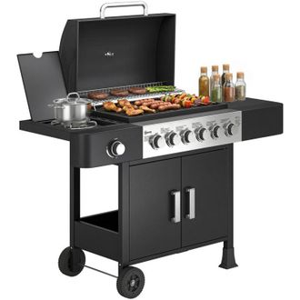 OUTSUNNY Barbecue &agrave; gaz - Outsunny - 6+1 br&ucirc;leurs thermom&egrave;tre int&eacute;gr&eacute; - chariot portable avec roues - m&eacute;tal - noir