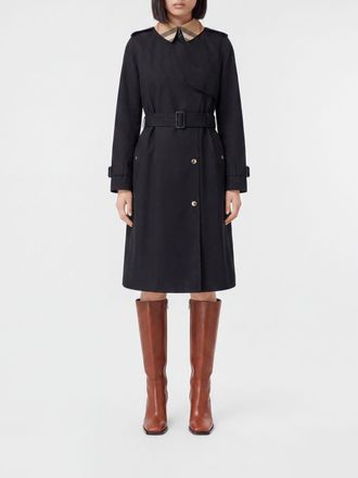 Burberry Schwarzer zweireihiger Trenchcoat aus Baumwolle mit G&uuml;rtel und Karokragen