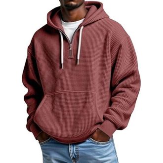 Generic Sweat &agrave; capuche pour homme - Motif gaufr&eacute; - Manches longues - Avec fermeture &eacute;clair 1/4 - Couleur unie - Confortable - Pull en tricot d&eacute;contract&eacute; - Av