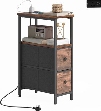 HOMCOM Beistelltisch mit Ladestation, schmaler Nachttisch mit 2 Stoffschubladen, offenem Regal, Steckdose und 2 USB-Anschl&uuml;ssen f&uuml;r Wohnzimmer, Schlafzimmer,
