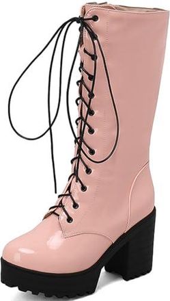 SJJH Bottes mi-longues &agrave; lacets r&eacute;glables | Bottes pour femme pour temps frais, talon 9,5 cm, fermeture &eacute;clair lat&eacute;rale, doublure chaude, Rose, 36 EU