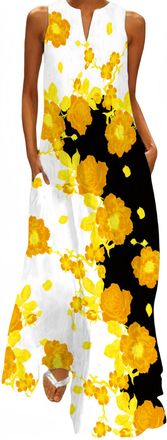 Ocean Plus Damen Muster Maxikleid V-Ausschnitt Kleid mit Stecktaschen und Weitem Rock (5XL, Gelbe Blüten)