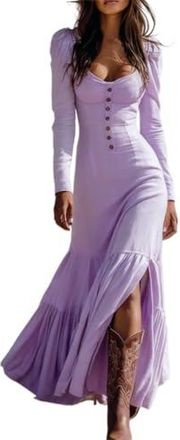 Generic Robe de cowgirl occidentale pour femme, manches longues, col en V, boutons, robe maxi vintage, fente lat&eacute;rale, style boh&egrave;me, robe trap&egrave;ze fluide, viol