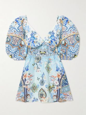 Camilla Al Manial Palace Memoirs Minikleid Aus Einer Leinen-seidenmischung Mit Kristallen Und Twist-detail - Blau