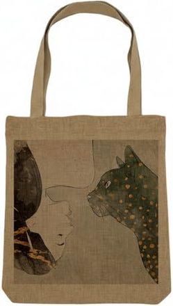 Fabulous Sac Shopping Tote Bag Aspect Lin - Aquarelle Chat Jeune Fille Amour Mignon Animal Domestique Art - Sac de Courses Toile Epaisse 360g Beige Naturel Cab