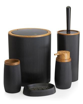 HowHomely Set Klob&uuml;rste Schwarz Badezimmer M&uuml;lleimer Seifenspender Seifenschale schwarz gestreift | Badm&uuml;lleimer und Toilet Brush und Zahnputzbecher Seifenablag