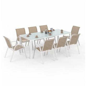 IDMarket Salon de jardin MADRID table 190 cm et 8 chaises empilables blanc et beige