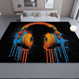 Generic Noir Tapis de Salon Chambre, D&eacute;coration Artistique Musique Casque Audio Lavable en Machine Super Doux Antid&eacute;rapant Tapis 160 x 230 cm - Poils Ras Doux