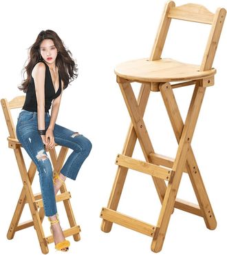 Generic Klappbar Barstuhl Bambus mit Fu&szlig;st&uuml;tze, Tragbarer Bistrohocker mit R&uuml;ckenlehne f&uuml;r K&uuml;che, Haus, Garten, Drinnen und Drau&szlig;en(61.5cm/24in)