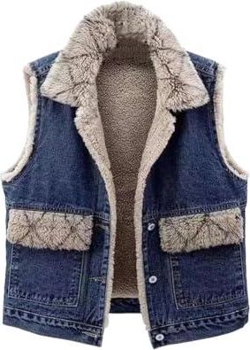 Generic Gilet en jean doubl&eacute; polaire pour femme - Doublure en fourrure dagneau sans manches avec &eacute;paulettes pour lhiver, 13, L