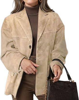 Generic Veste blazer en daim synth&eacute;tique pour femme avec revers crant&eacute; simple boutonnage en cuir, kaki, XXL
