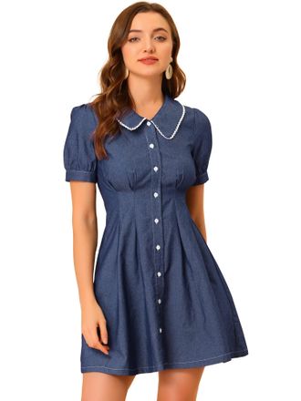 Allegra K Damen-Jeans-Minikleid mit Puffärmeln und Knopfleiste vorne, A-Linie, blau, Small