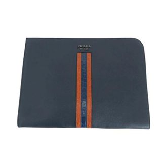 Prada unisex, Pre-owned, Bleu, Taille: ONE Size Sac pochette en cuir Saffiano Crocodile Logo Pre-owned