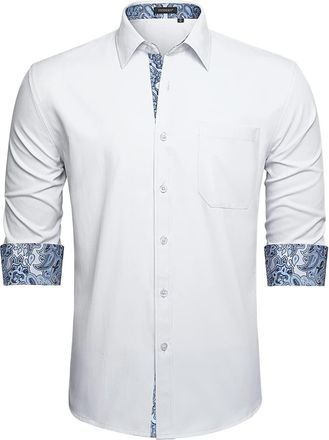 Hisdern Wei&szlig;es Hemd mit Kragen Herren Klassisch Button Down Langarm Party Casual Formal Business Klassische Hemden Kragen Regular Fit Mit Taschen 2XL