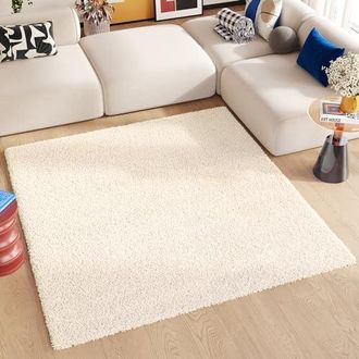 Tapiso Essence Carré Tapis Shaggy Poils Longs Moderne Beige Uni Tapis Salon Chambre Adulte Enfant Descente de Lit Moelleux Super Soft Epais Oeko-TEX 200 x 20