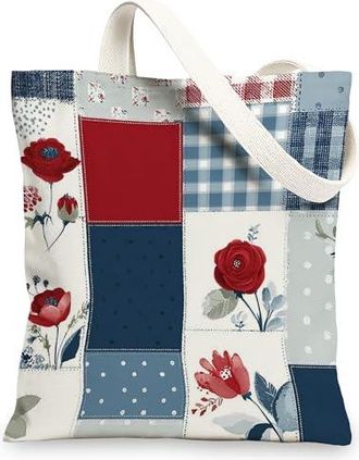 Generic Sac fourre-tout en toile patchwork floral, sacs de courses réutilisables, bretelles bleues légères 33 x 38 cm