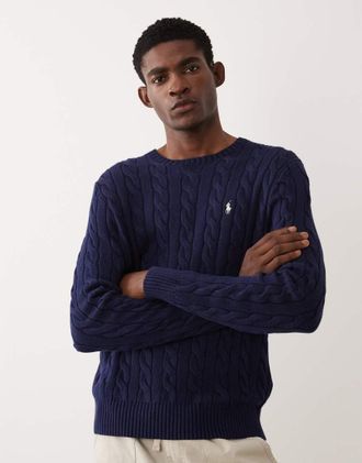 Polo Ralph Lauren Baumwoll-Pullover in Marineblau mit Polospieler-Logo und Zopfmuster