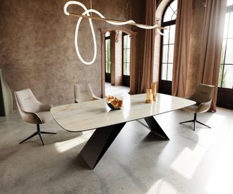 DELIFE Esstisch Edge Boot 240x120 Keramik Iris FMG Onice Oro V-Gestell Flachstahl Schwarz, Esstische