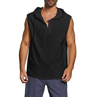 Generic Chemise d&eacute;t&eacute; en coton et lin pour homme - Haut dentra&icirc;nement en lin &agrave; capuche - D&eacute;bardeur uni en coton - Hauts de plage sans manches - Chemisier baggy
