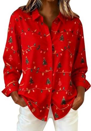 Generic Chemisier &agrave; manches longues pour femme - Col en V - Boutonn&eacute; - Imprim&eacute; tendance - T-shirt &agrave; manches longues - Chemise d&eacute;contract&eacute;e - Coupe ample - Che